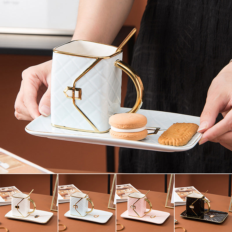 Handväska-formad kreativ mugg med fat och sked – olikaval